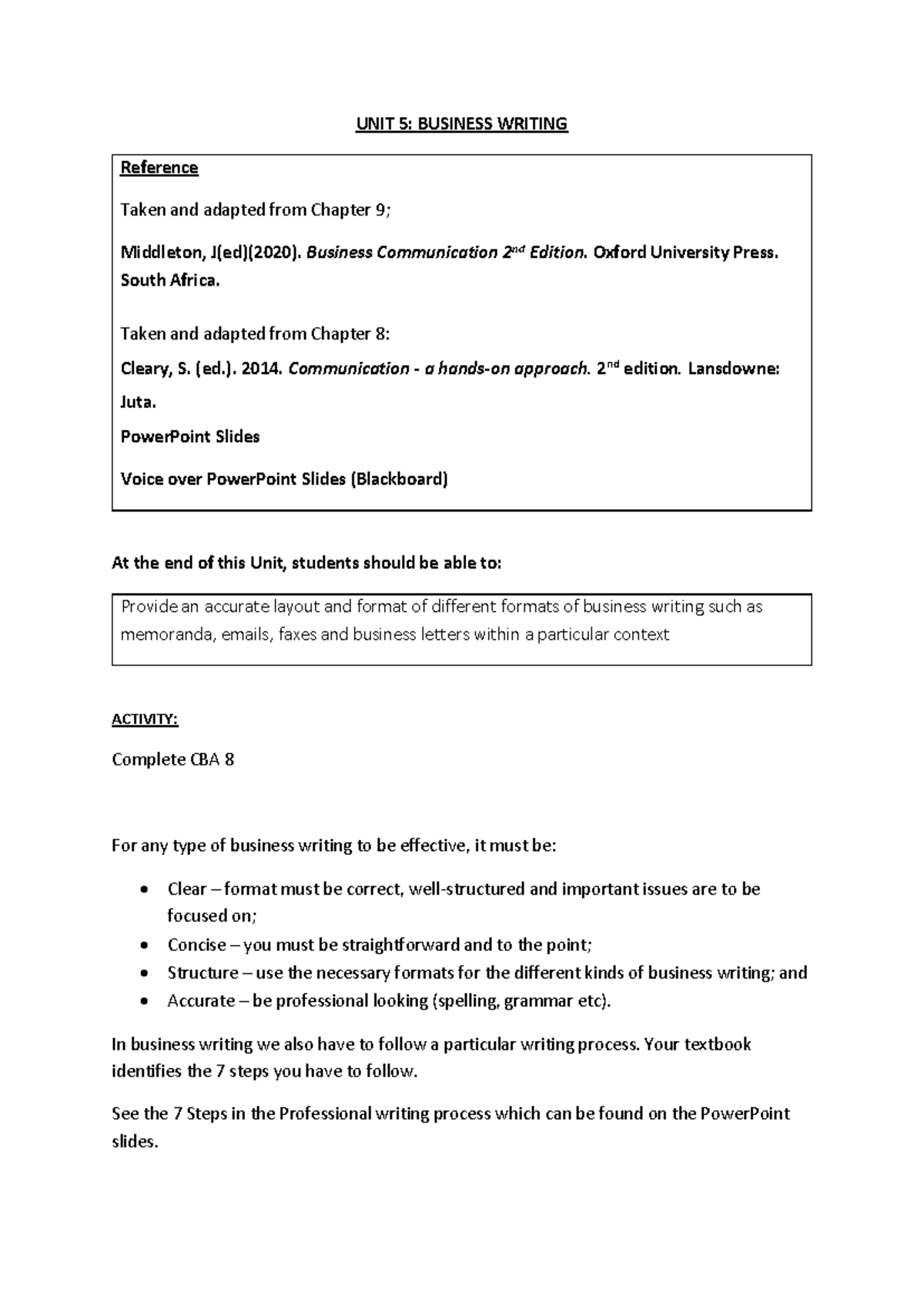 UNIT 5 Notes and exercises - UNIT 5: BUSINESS WRITING Reference Taken ...