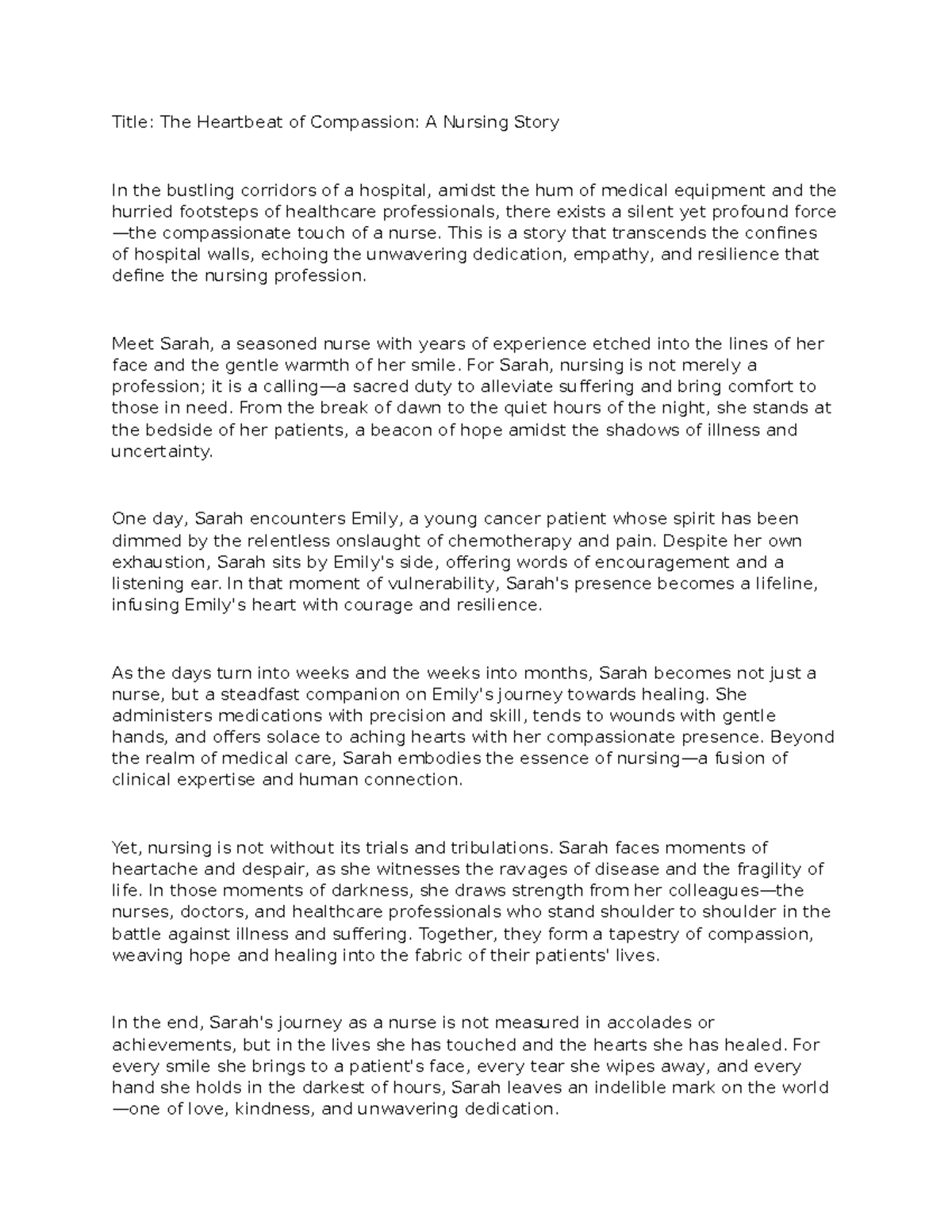 Title 5 - Title: The Heartbeat of Compassion: A Nursing Story In the ...
