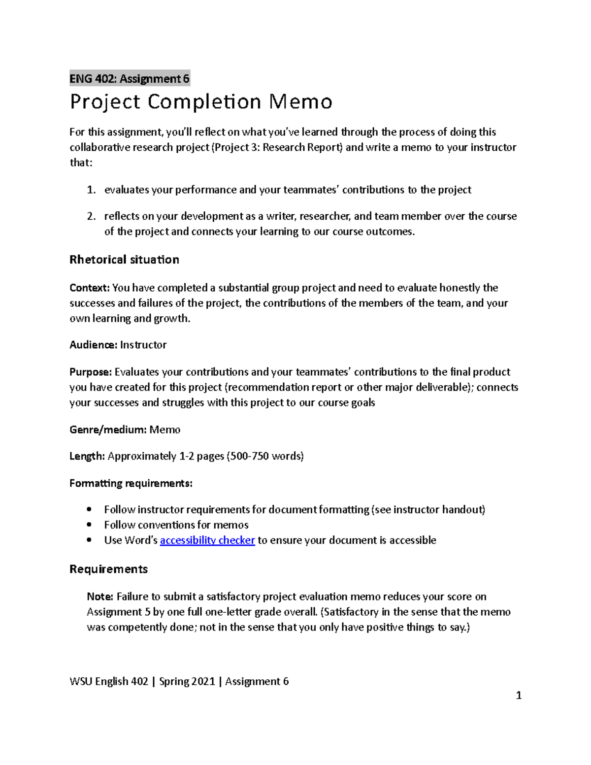 Spring 21 Assignment 6 - ENG 402: Assignment 6 Project Completion Memo ...