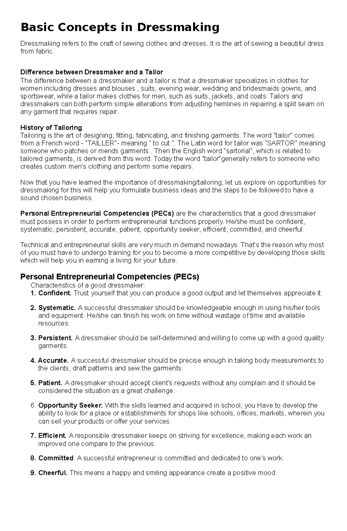 Pecs-dressmaking 8 - Basic Concepts in Dressmaking Dressmaking refers ...