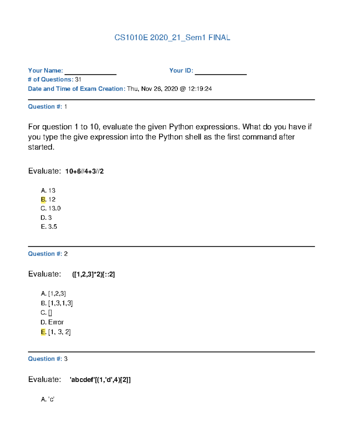 CS1010E 2021/2022 S1 Final Paper Questions - CS1010E 2020_21_Sem1 FINAL ...