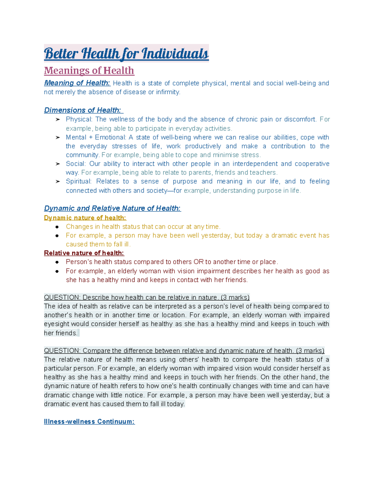 Pdhpe Year 11 Notes - Better Health for Individuals Meanings of Health ...