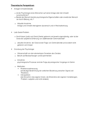 Lernzettel Psychologie - Psychologie Was ist Psychologie? „Aufgabe der Psychologie ist es, - Studocu