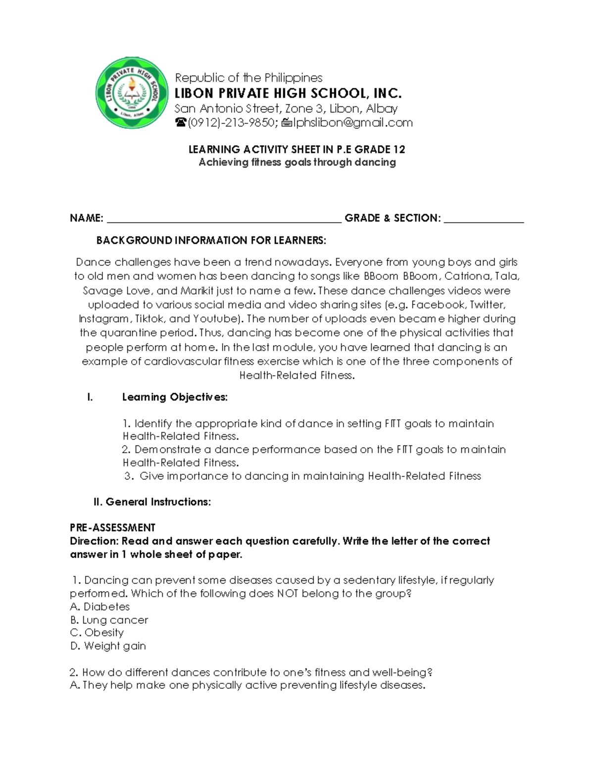 LAS-G12-P - Learning Activity Sheet P.E 12 - Republic of the ...