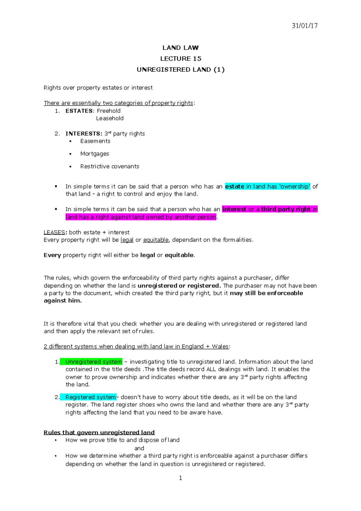 Unregistered Land - LAND LAW LECTURE 15 UNREGISTERED LAND (1) Rights ...