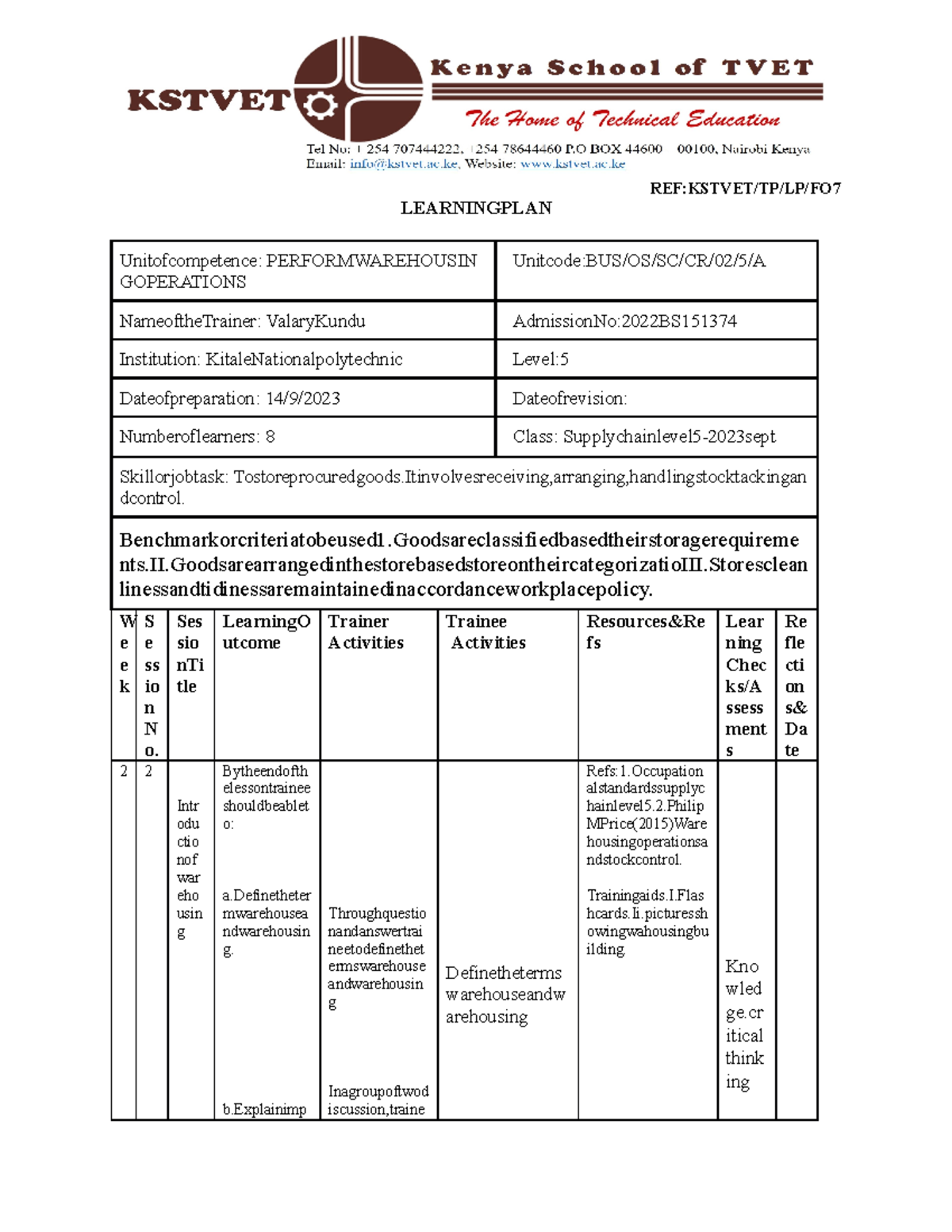 Learning PLAN - REF:KSTVET/TP/LP/FO LEARNINGPLAN Unitofcompetence ...