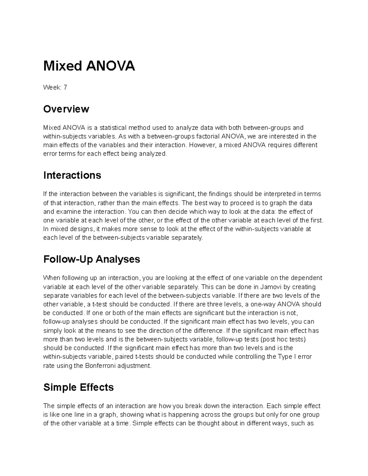 Week 7 Lecture Notes and Summary - Mixed ANOVA Week: 7 Overview Mixed ...