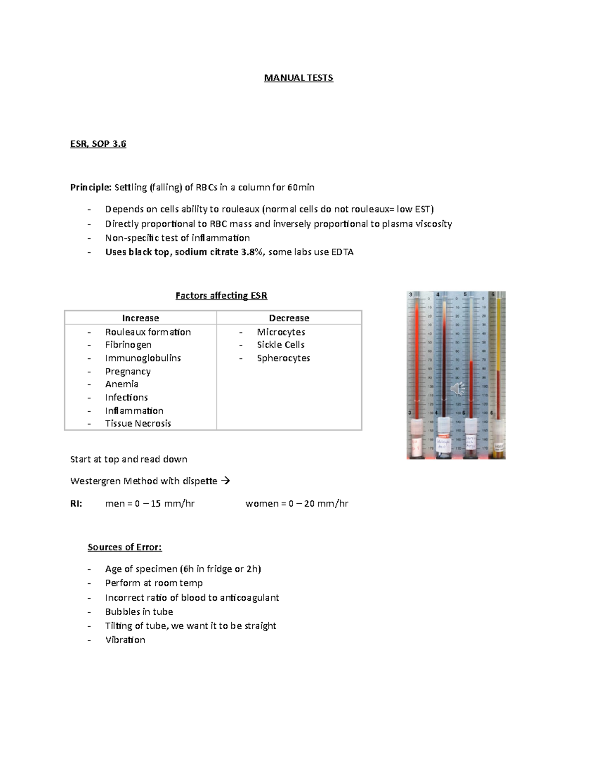 (6) Manual Counts - Nancy Bergeron - MANUAL TESTS ESR, SOP 3. Principle ...