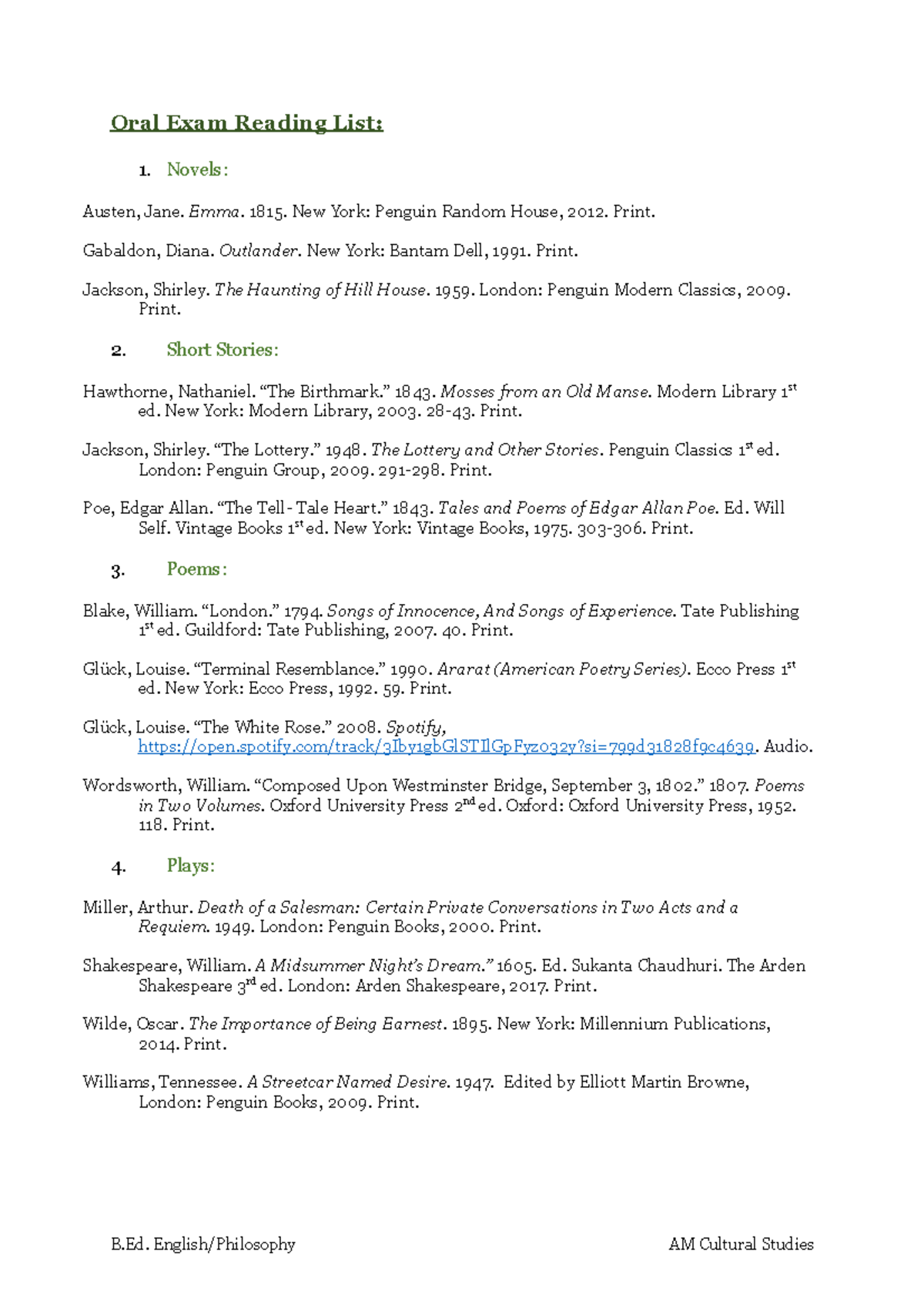 Oral Exam Reading List - Novels: Austen, Jane. Emma. 1815. New York: Penguin Random House, 2012 ...