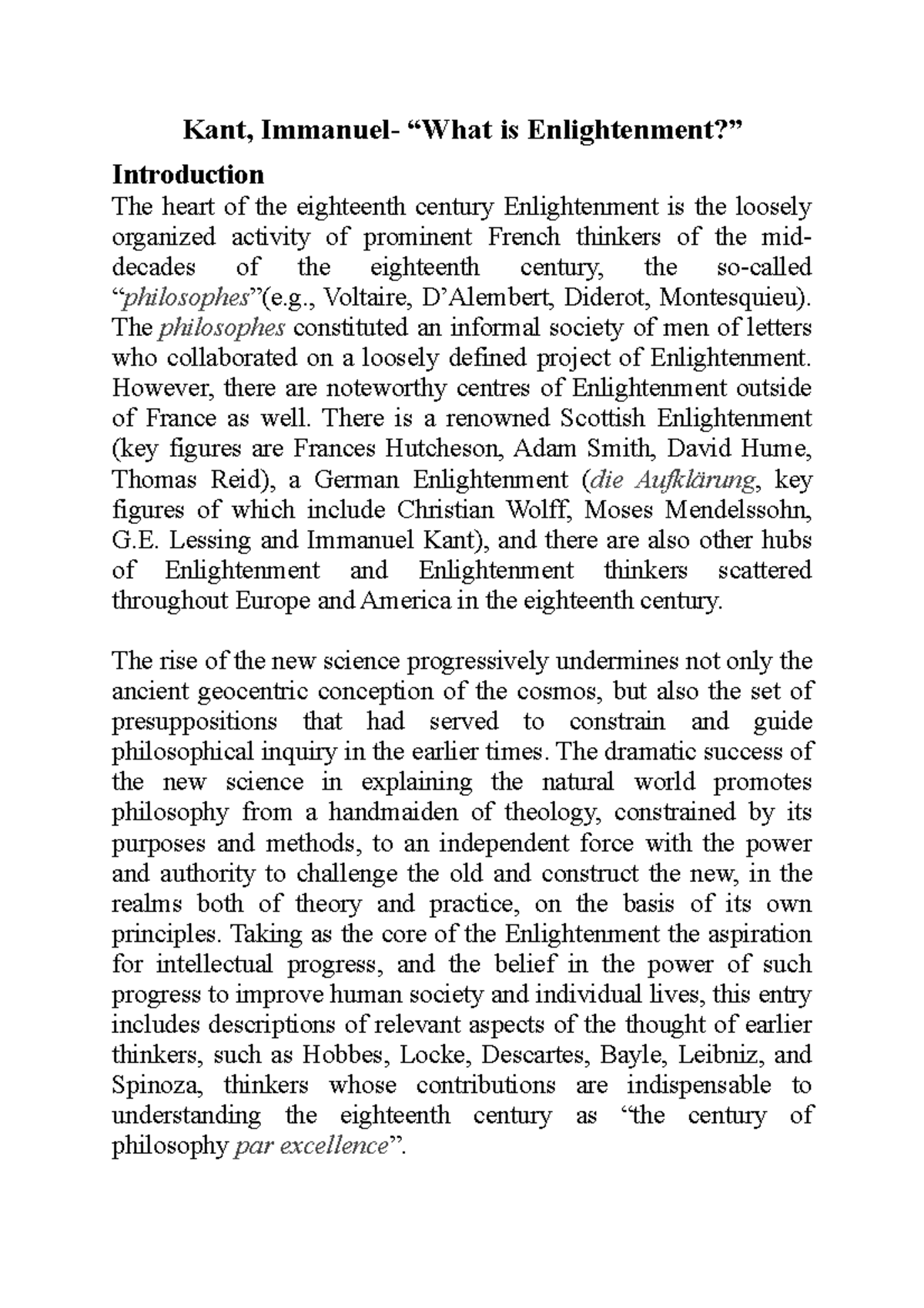 Kant - Kant, Immanuel- “What is Enlightenment?” Introduction The heart ...