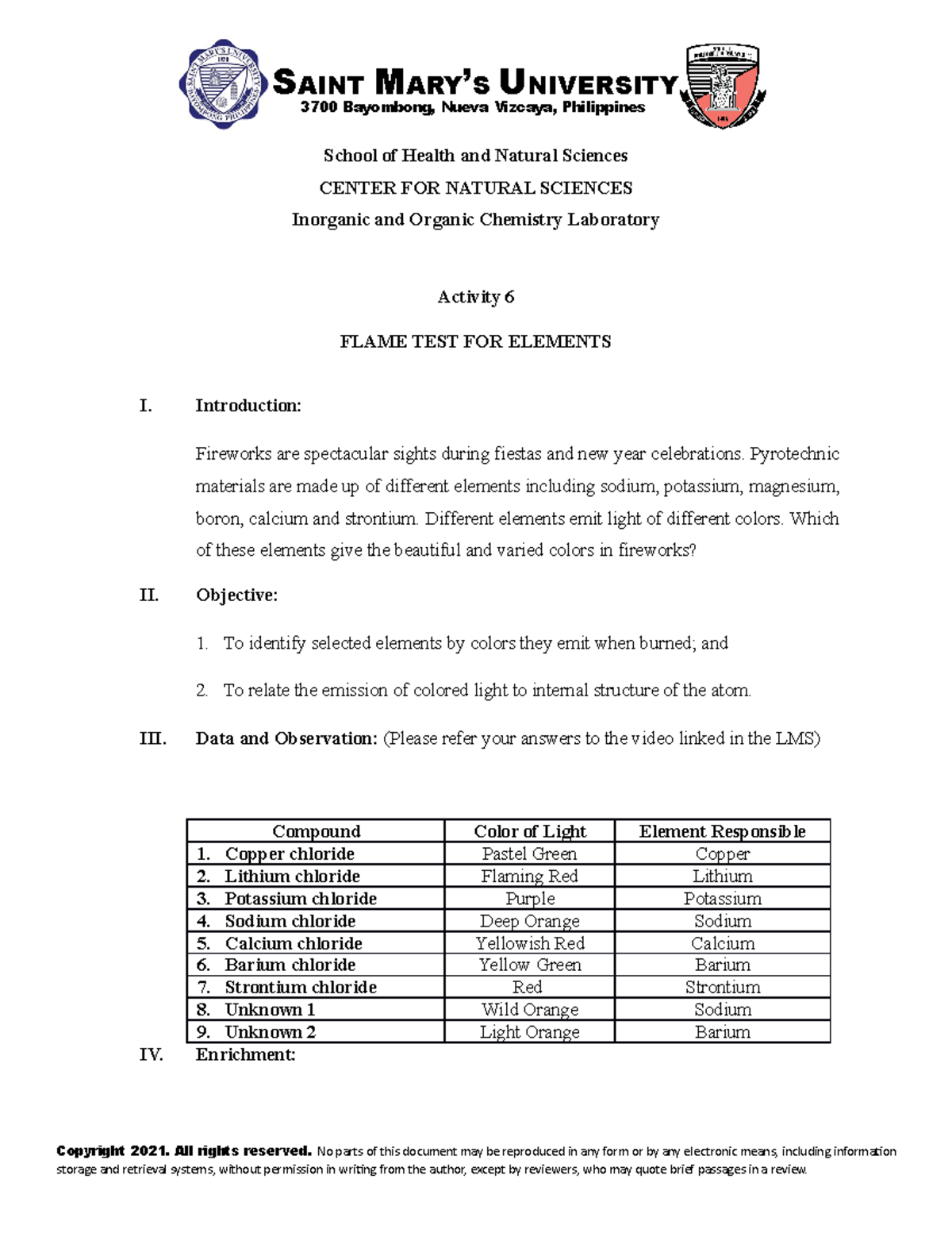 Laboratory Activity 6: Flame Test For Elements - SAINT MARY’S ...