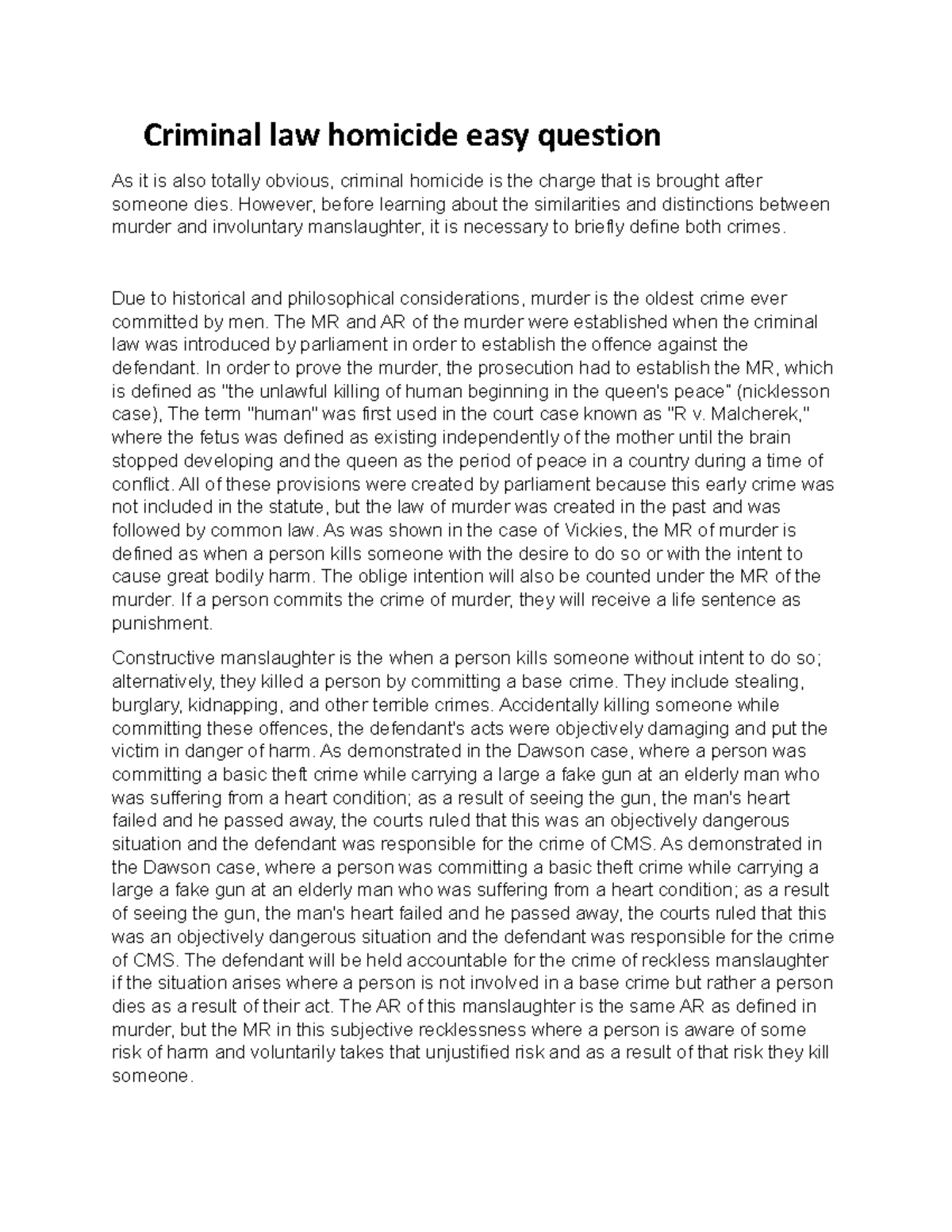 Criminal law homicide easy question - However, before learning about ...