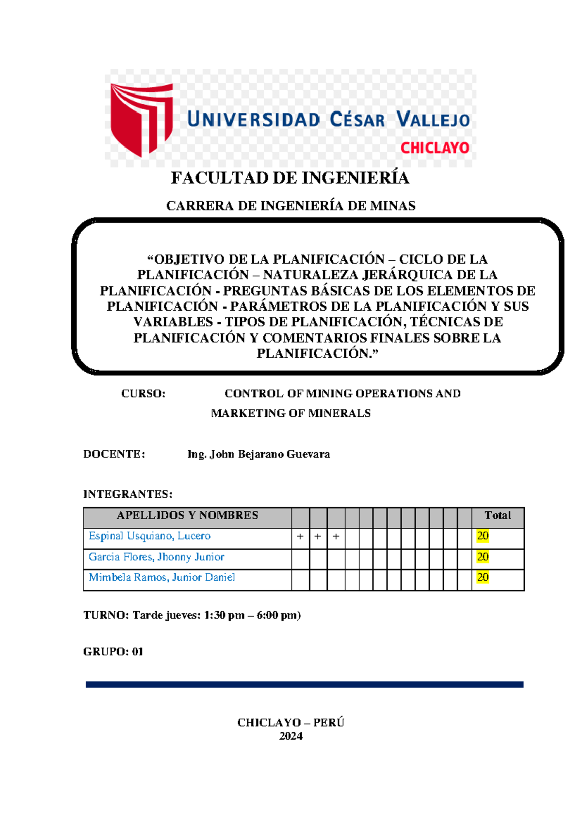 Sesión 08 - Trabajo - FACULTAD DE INGENIERÍA CARRERA DE INGENIERÍA DE MINAS CURSO: CONTROL OF ...