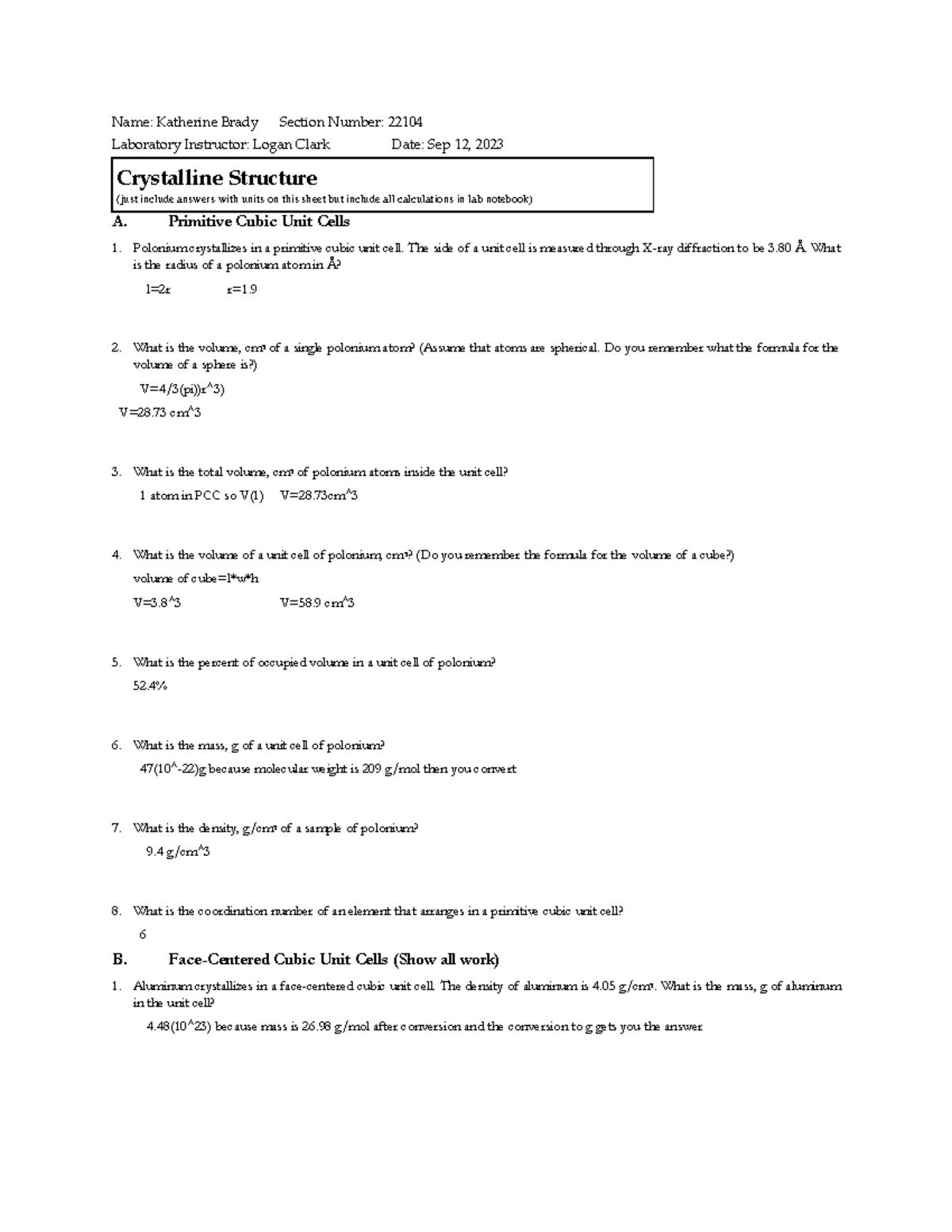 Lab 2 crystalline structure - Name: Katherine Brady Section Number: 22104 Laboratory Instructor ...