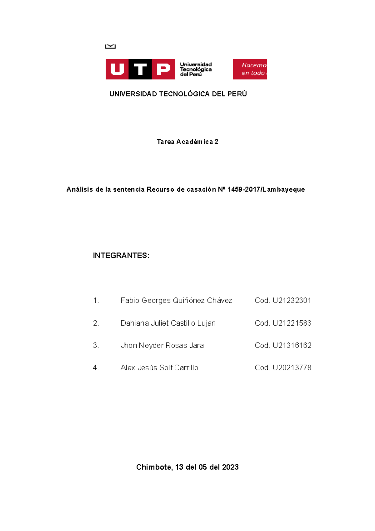 TA 2 Derecho Penal - UNIVERSIDAD TECNOLÓGICA DEL PERÚ Tarea Académica 2 ...