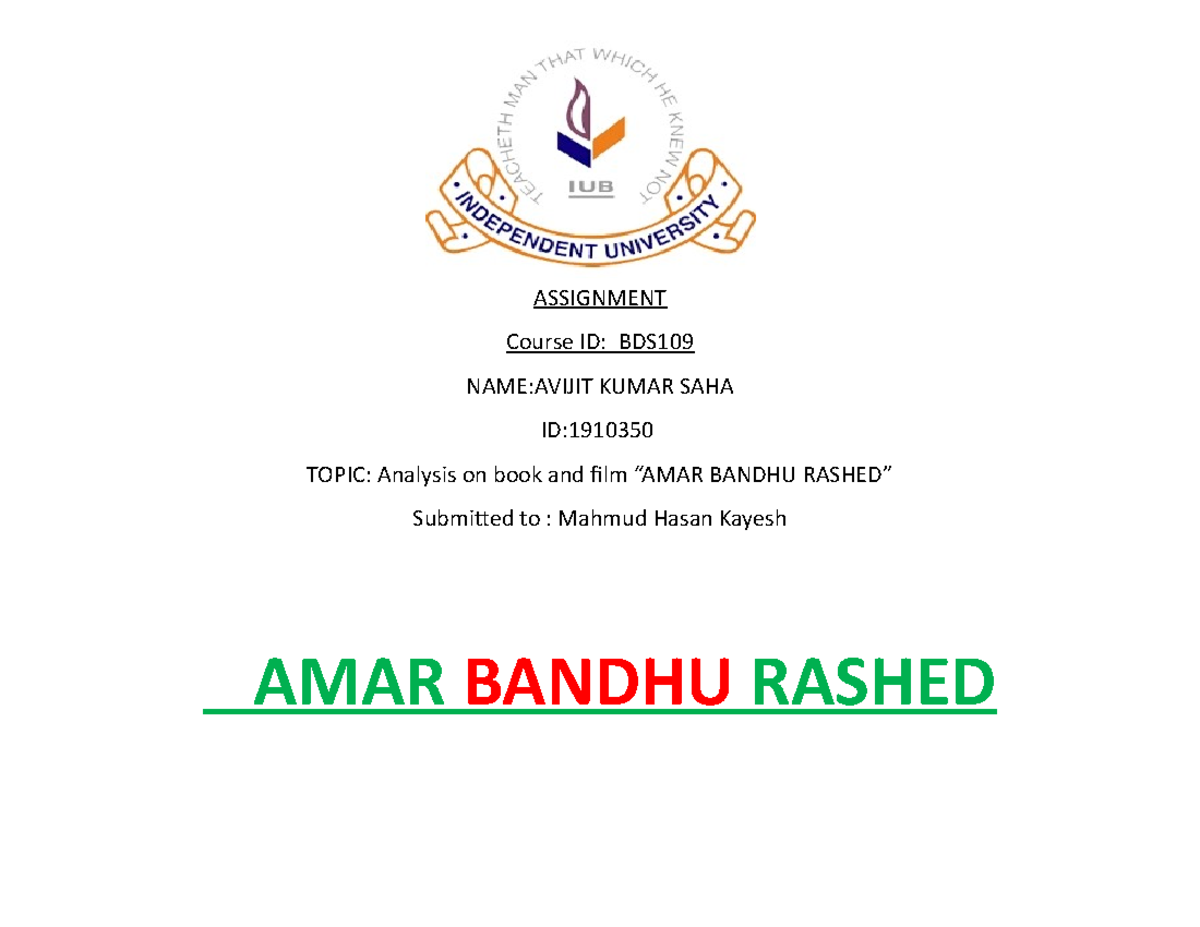 BDS09 - ASSIGNMENT Course ID: BDS NAME:AVIJIT KUMAR SAHA ID: TOPIC: Analysis on book and film ...