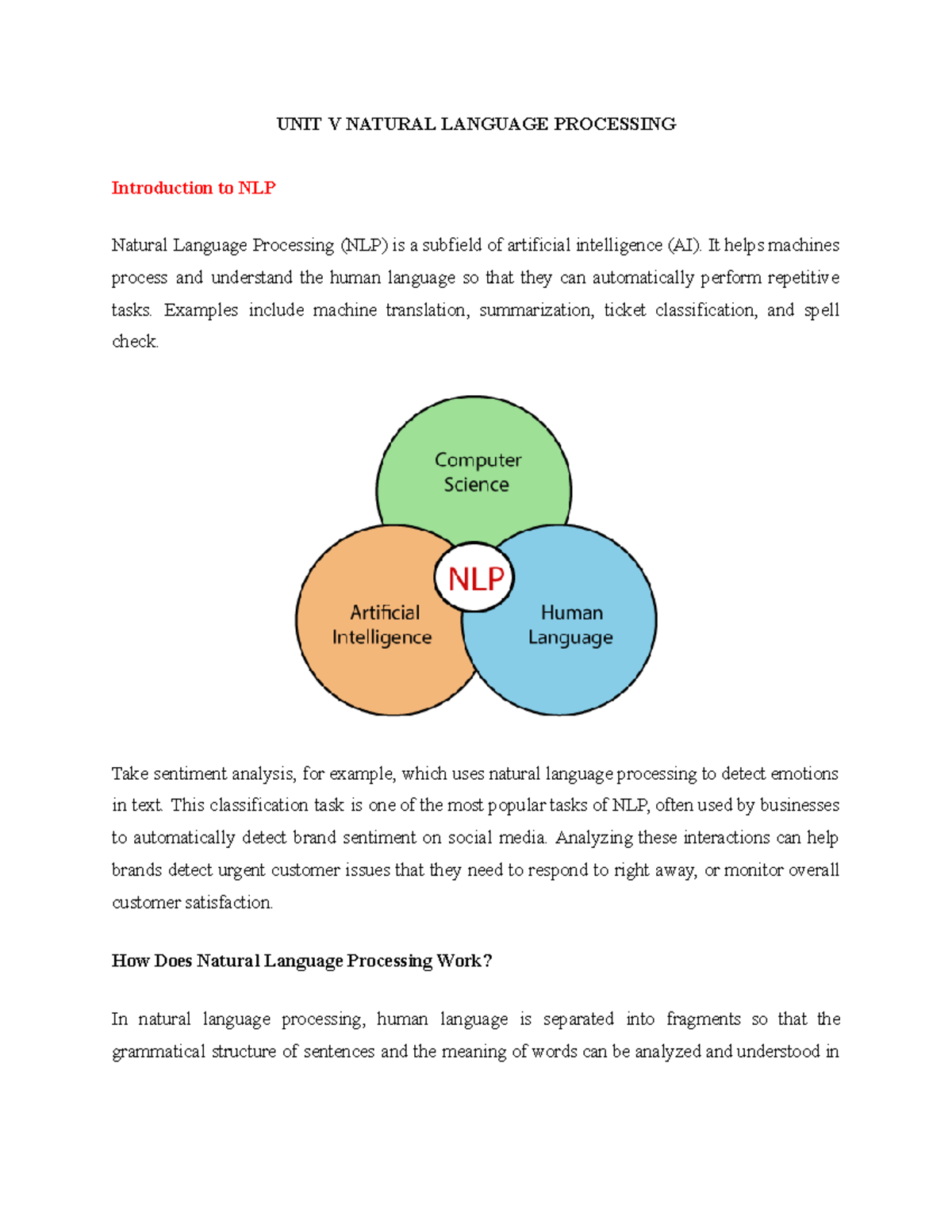 Unit-5 - NLP - UNIT V NATURAL LANGUAGE PROCESSING Introduction to NLP Natural Language ...