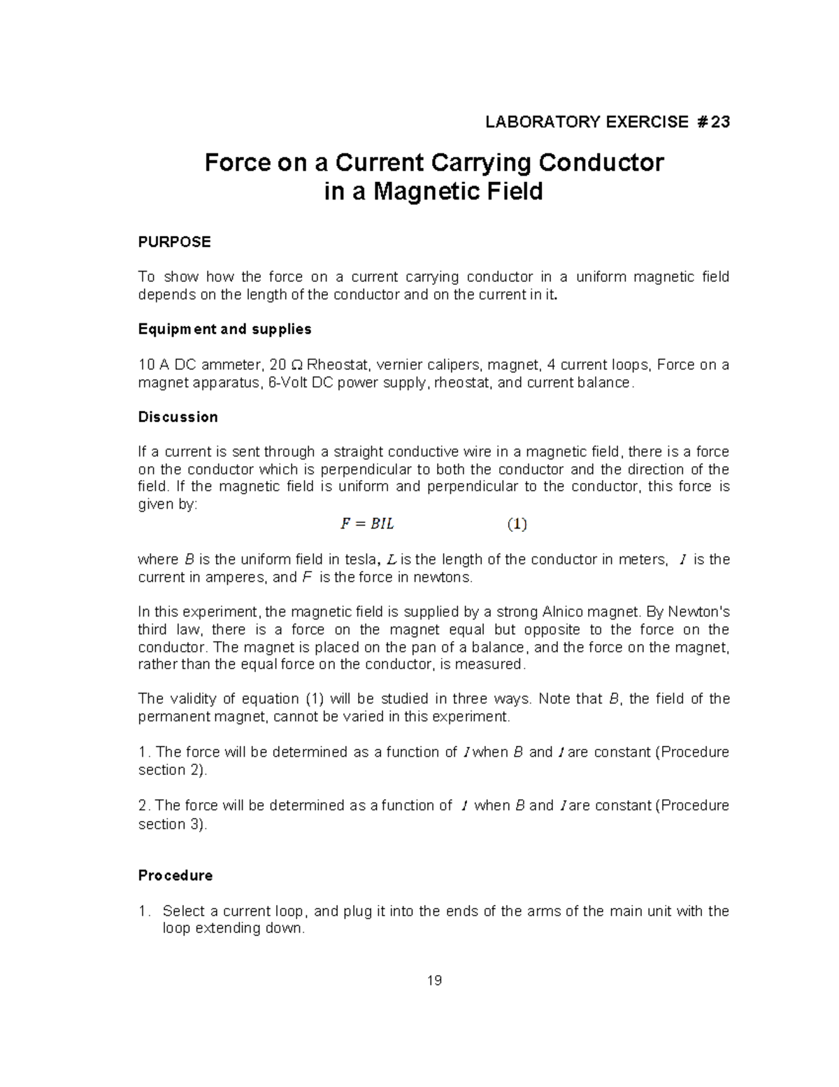 Magnetic force on a current carrying conductor - 19 LABORATORY EXERCISE ...