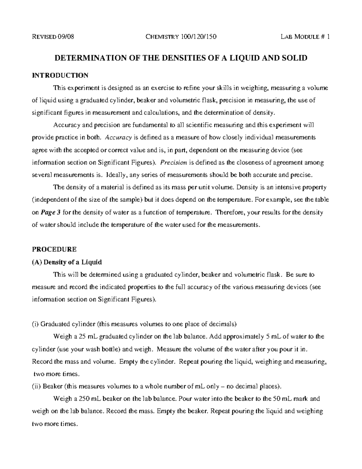 Density lab - lab activity - REVISED 09/08 CHEMISTRY 100/120/150 LAB ...