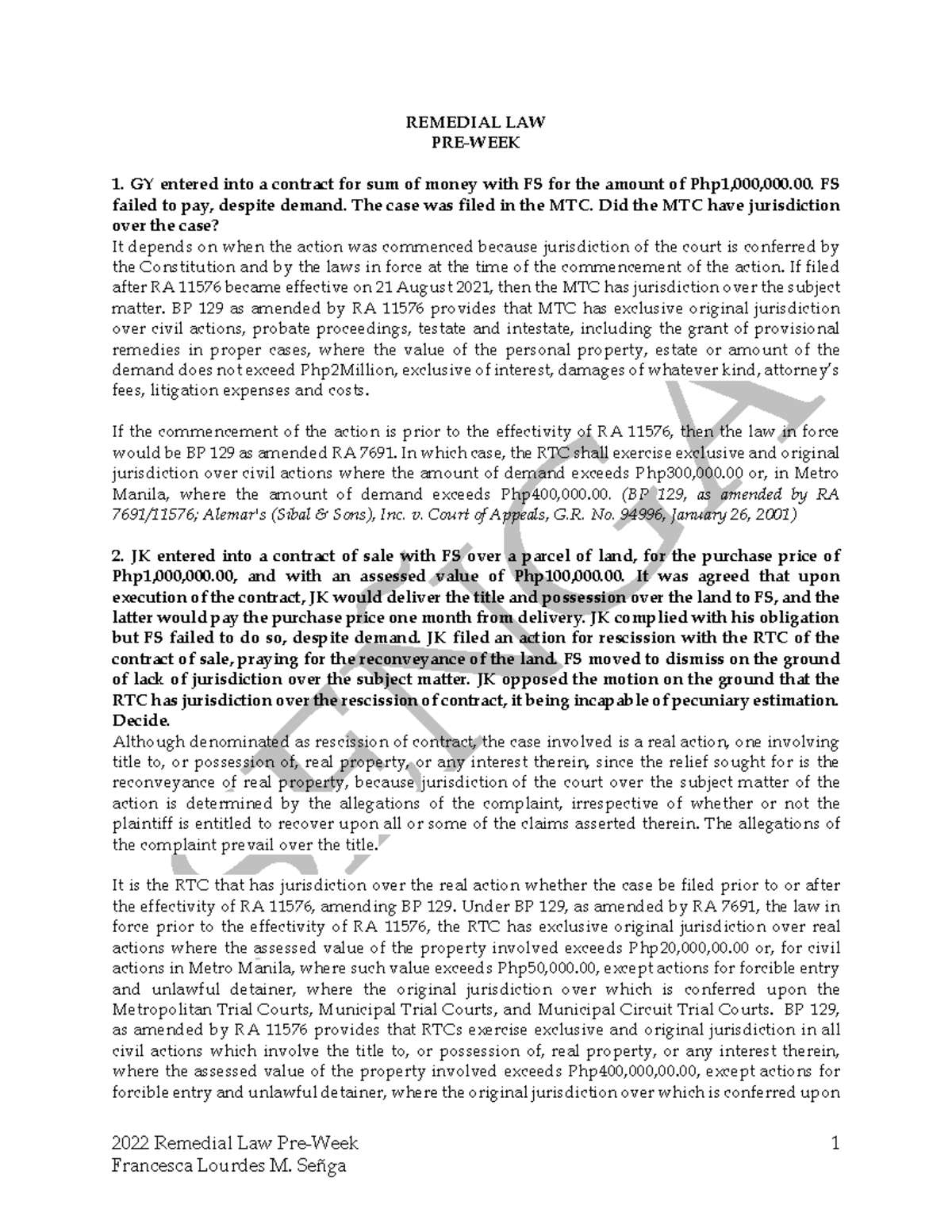 Senga Remedial Law Preweek 2022 - 2022 Remedial Law Pre-Week 1 REMEDIAL ...