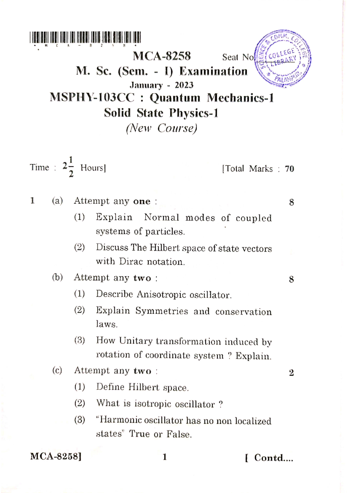 Msphy-103CC Quantum Mechanics-1 - Solid State Physics-1 - Masters of science PHYSICS - Studocu