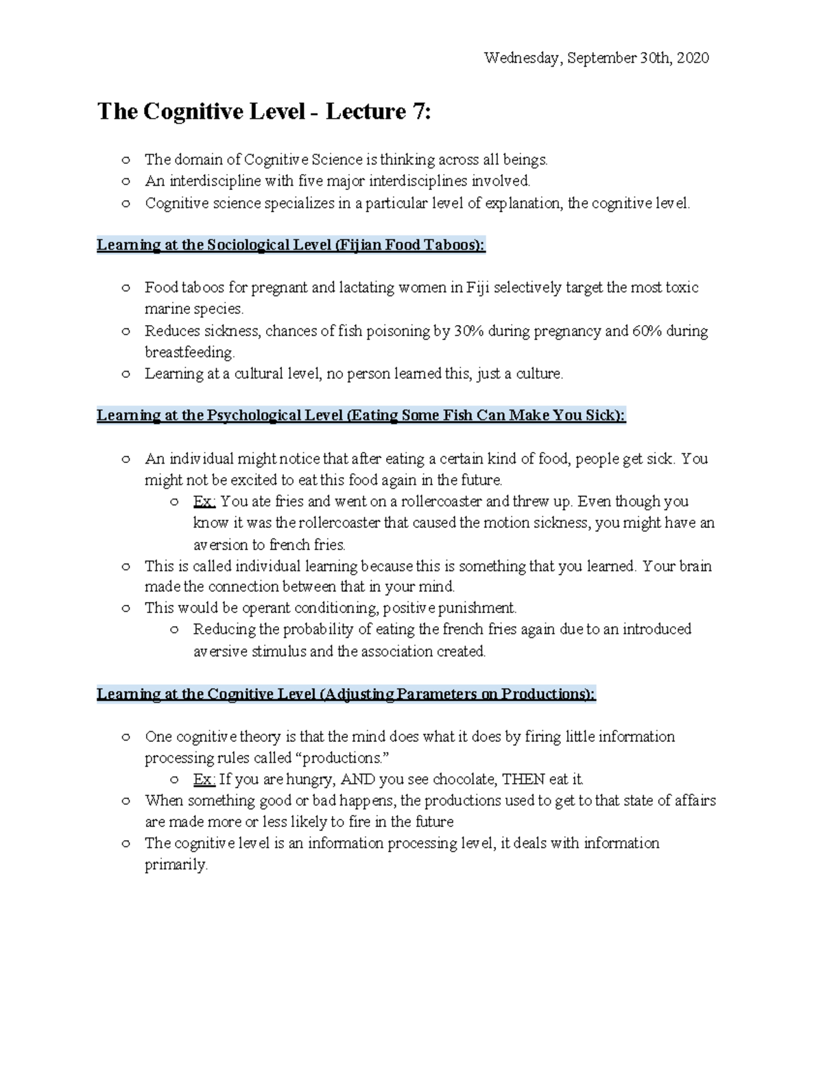 Lecture 7 - The Cognitive Level psych - The Cognitive Level - Lecture 7 ...