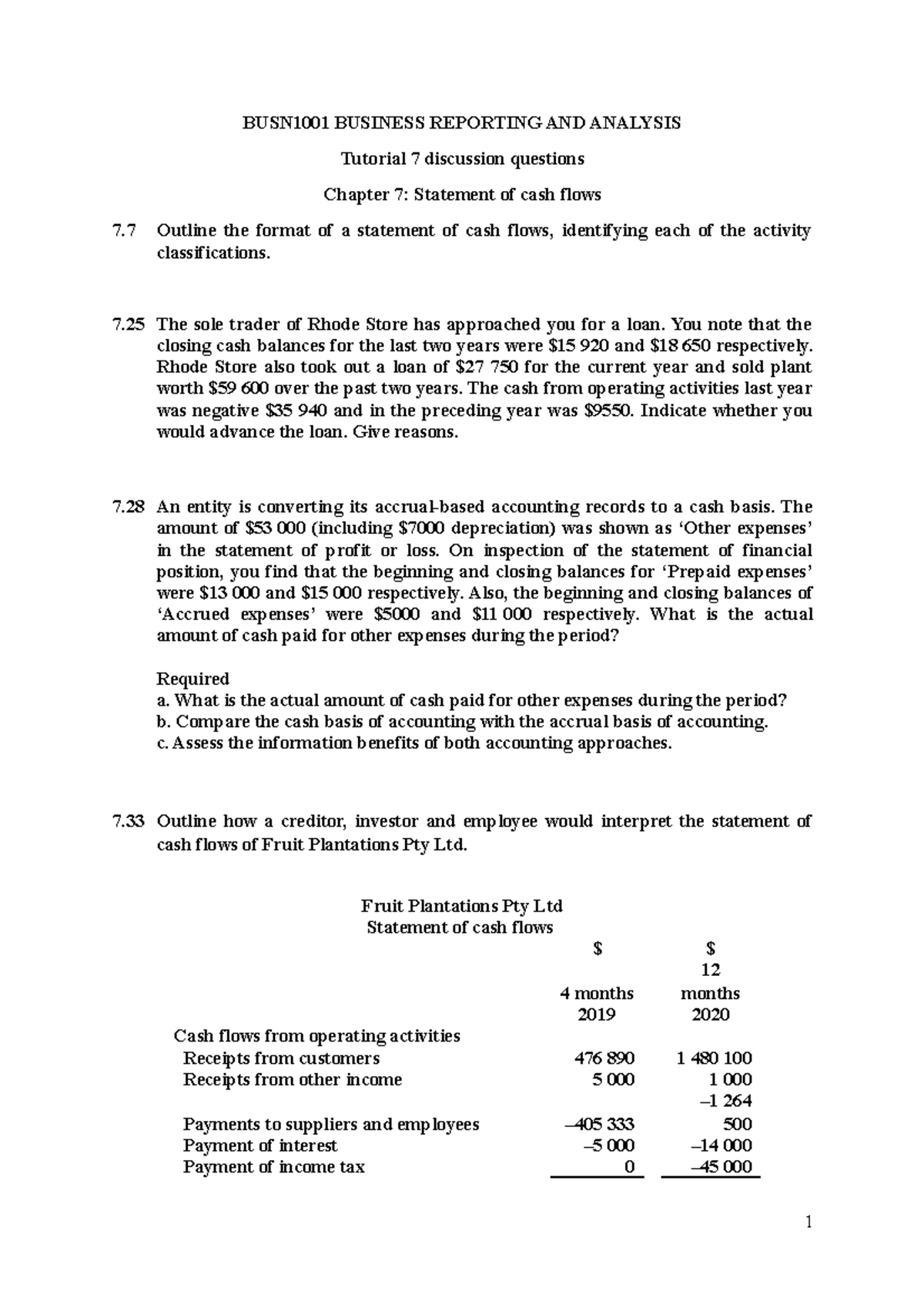 Tutorial 7 Dis Without Answers - BUSN1001 BUSINESS REPORTING AND ...