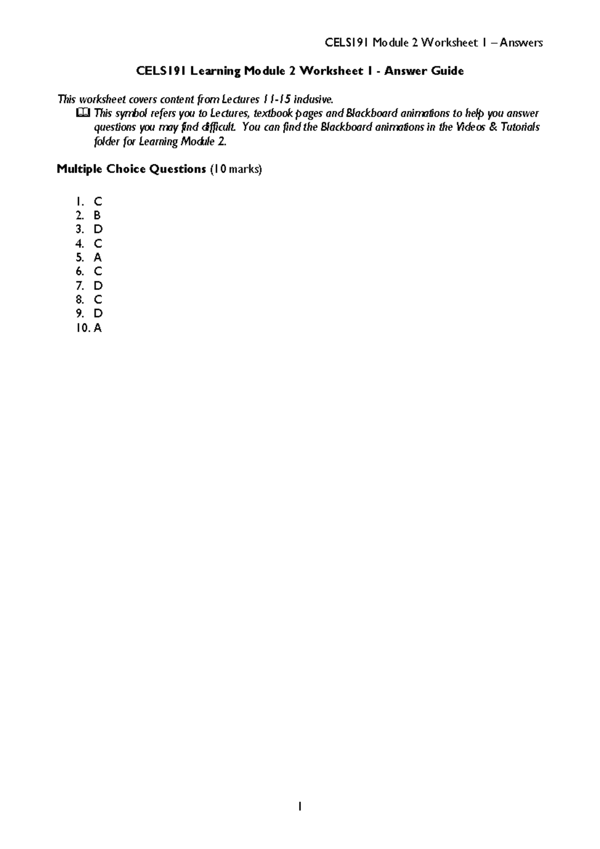 CELS191 Module 2Worksheet 1Answers 2019 - CELS191 Learning Module 2 ...