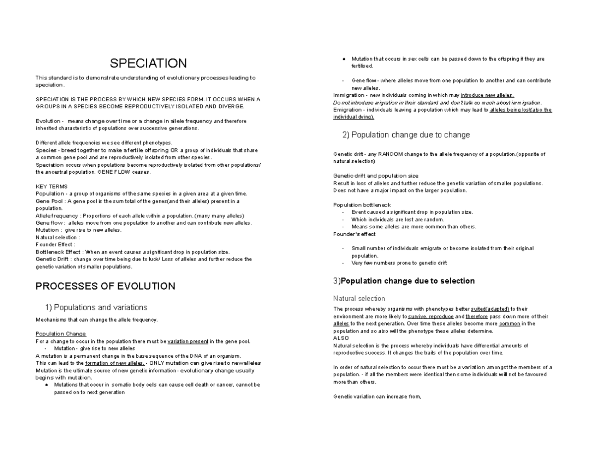 Speciation notes - SPECIATION This standard is to demonstrate ...