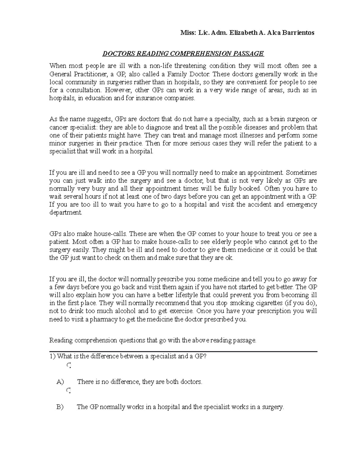Doctors Reading Comprehension Passage ( Resulto) - Miss: Lic. Adm ...