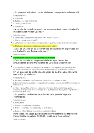 Cuestionario PARA EL Examen Sercop 2021 - CUESTIONARIO PARA EL EXAMEN SERCOP 2021 Pregunta 1 En ...