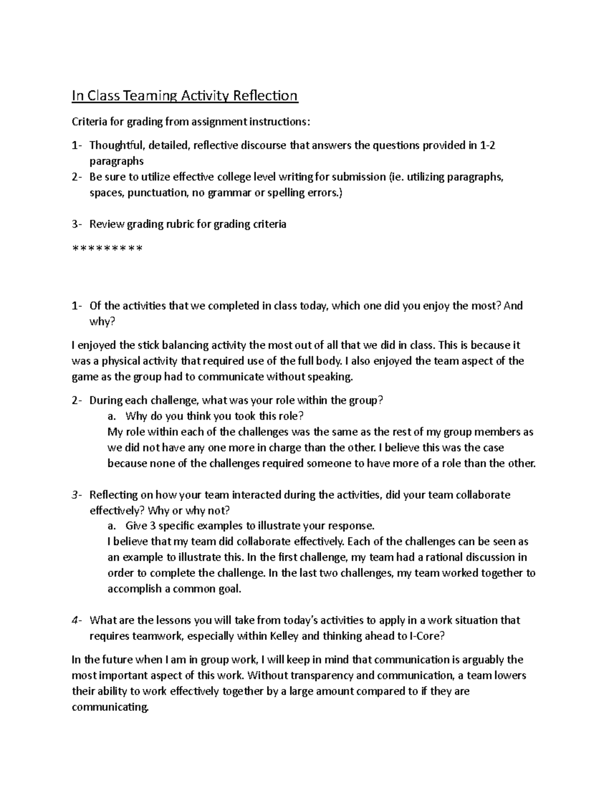 In Class Teaming Activity Reflection SP 23 - In Class Teaming Activity ...