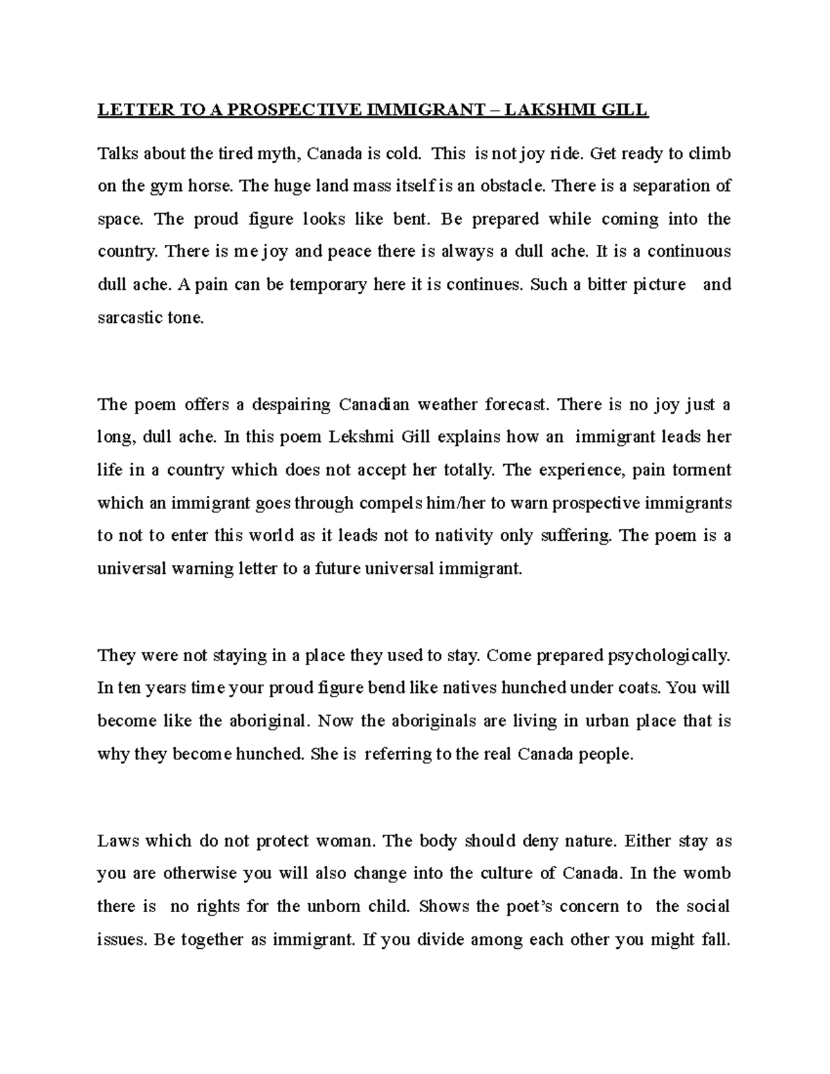 Letter to a prospective immigrant - LETTER TO A PROSPECTIVE IMMIGRANT ...