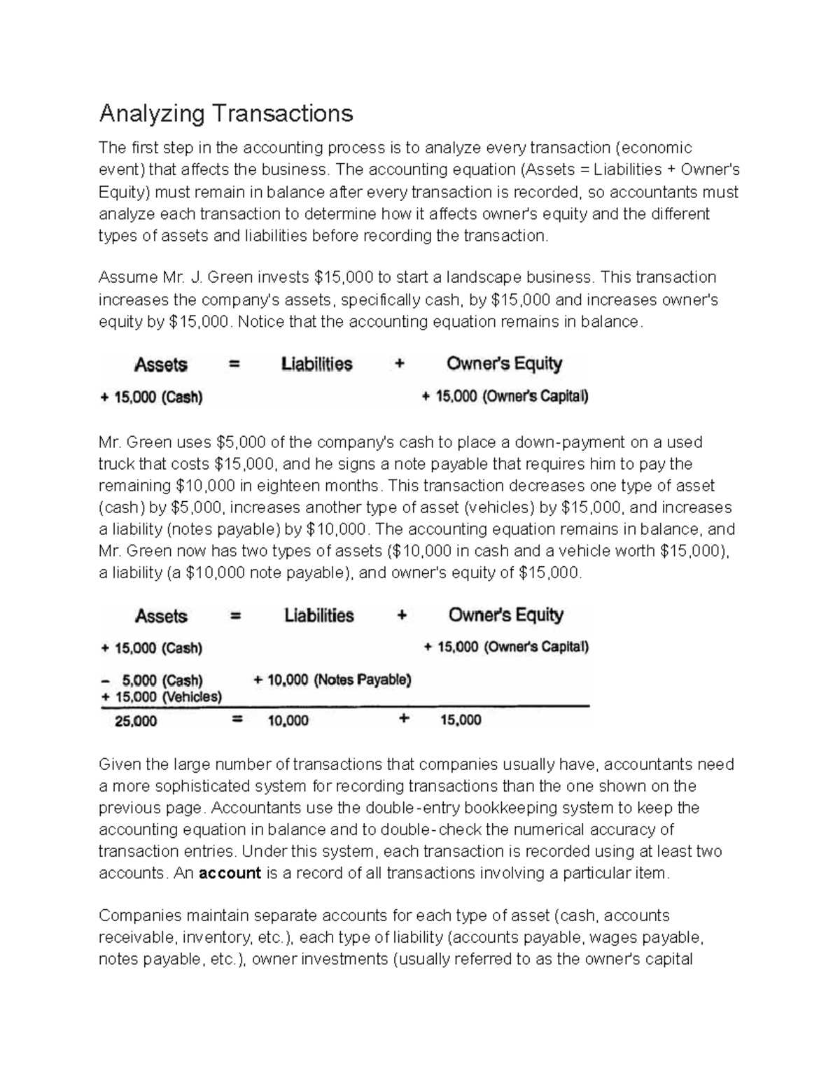 Analyzing Transactions - The accounting equation (Assets = Liabilities ...