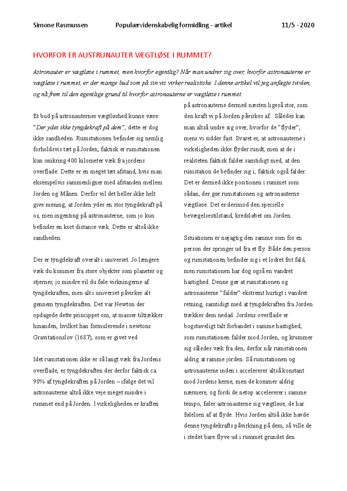 Artikel - vægtløshed i rummet - Simone Rasmussen Populærvidenskabelig ...