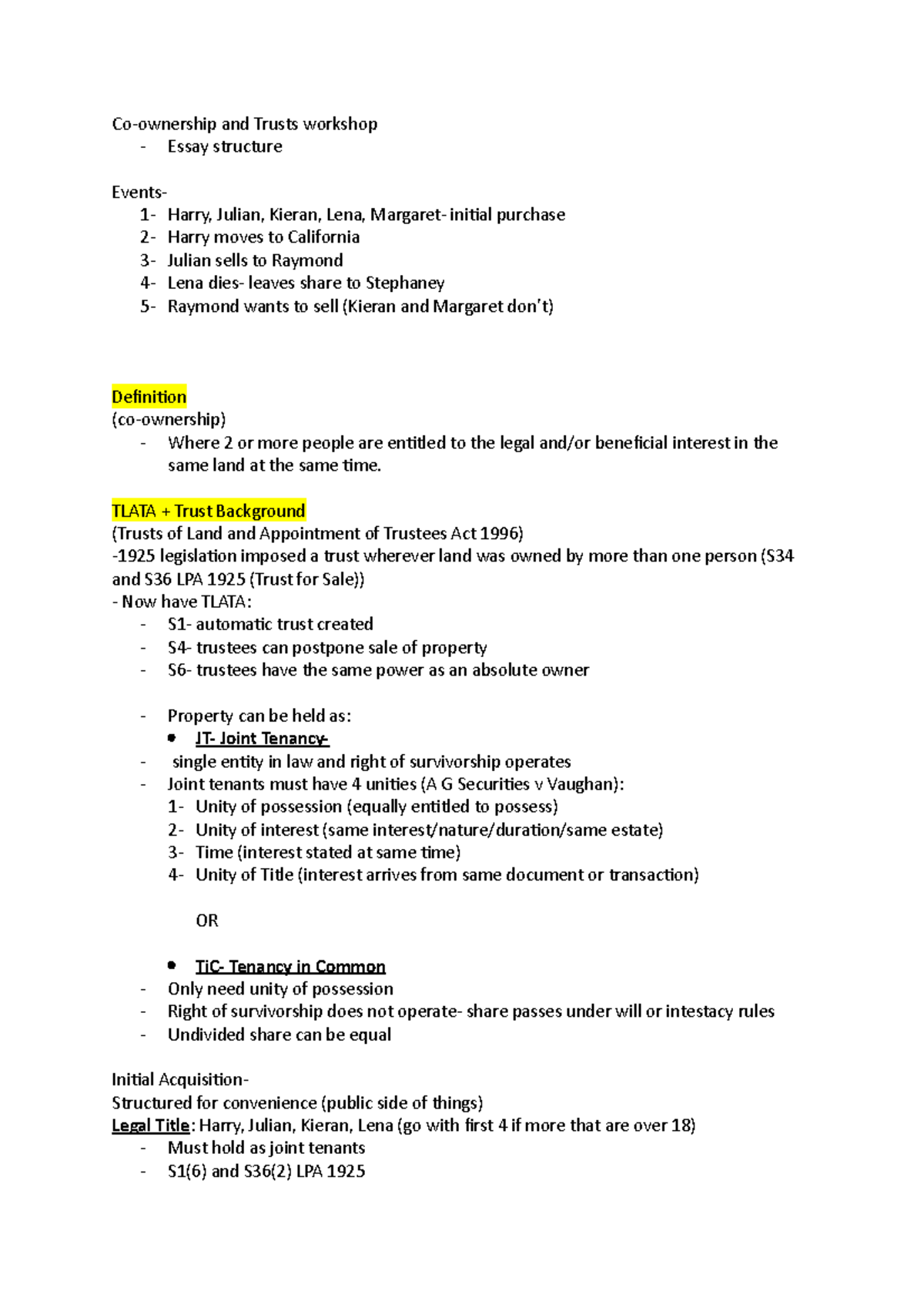 Co ownership and trusts essay structure - LBU - Studocu
