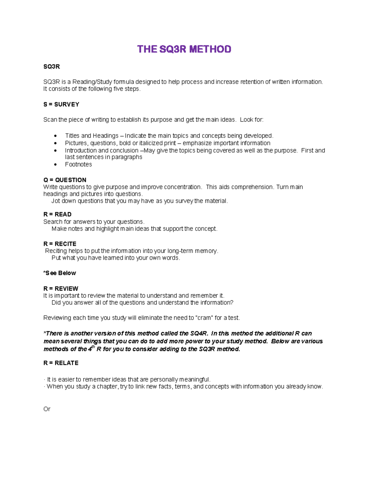 SQ3Rmethod - N/a - THE SQ3R METHOD SQ3R SQ3R is a Reading/Study formula ...
