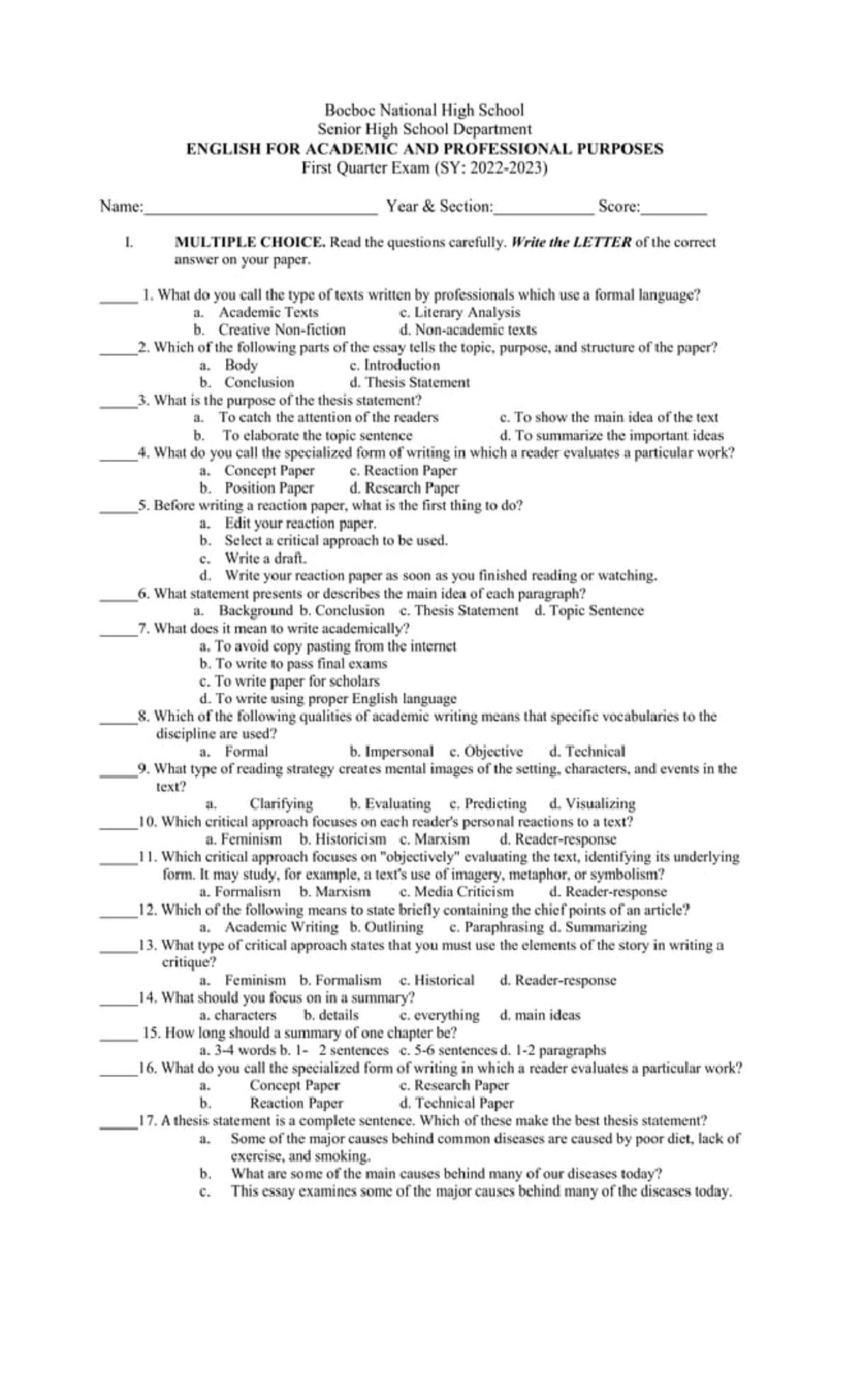 English Acad 11 First Quarter Examination - Bocboc National High School Senior High School - Studocu