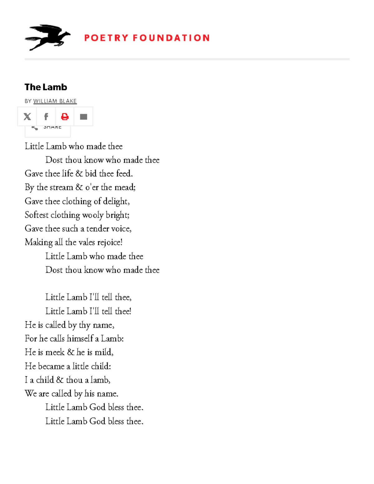 The Lamb The Poetry Foundation - The Lamb BY WILLIAM BLAKE SHARE Little ...