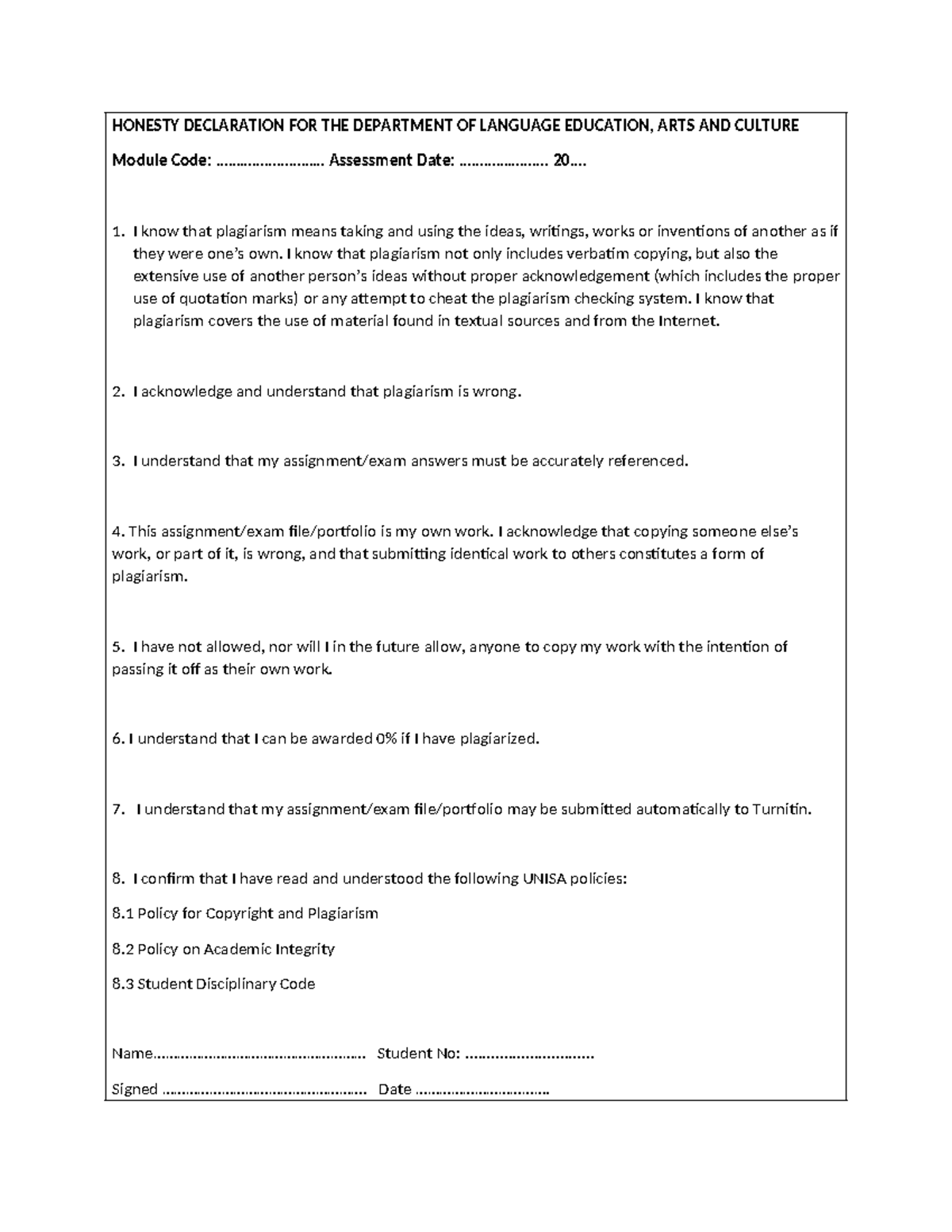Honesty Declaration FOR THE Department OF Language Education - HONESTY ...