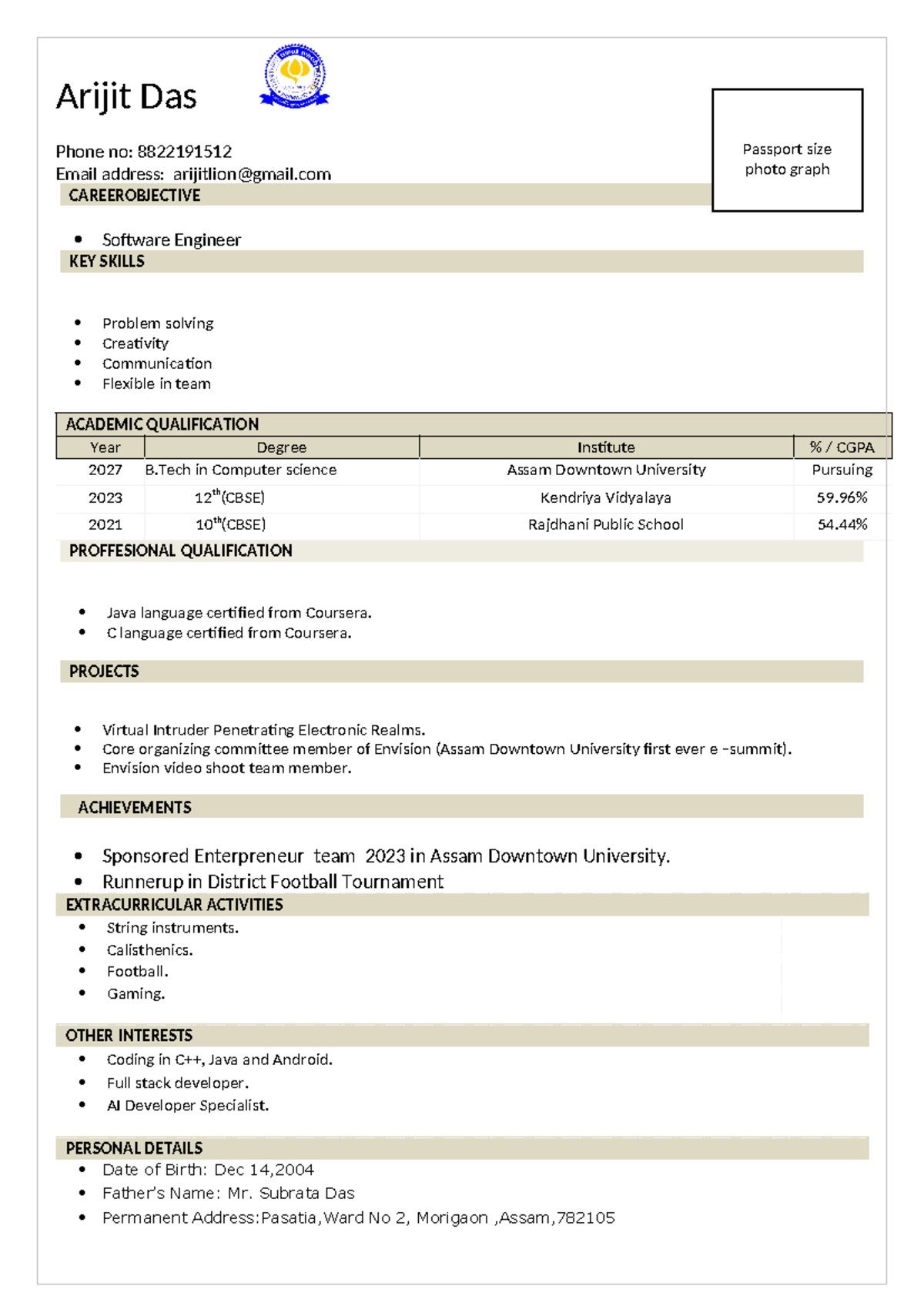 CV demo - Resume structure - Arijit Das Phone no: 8822191512 Email ...