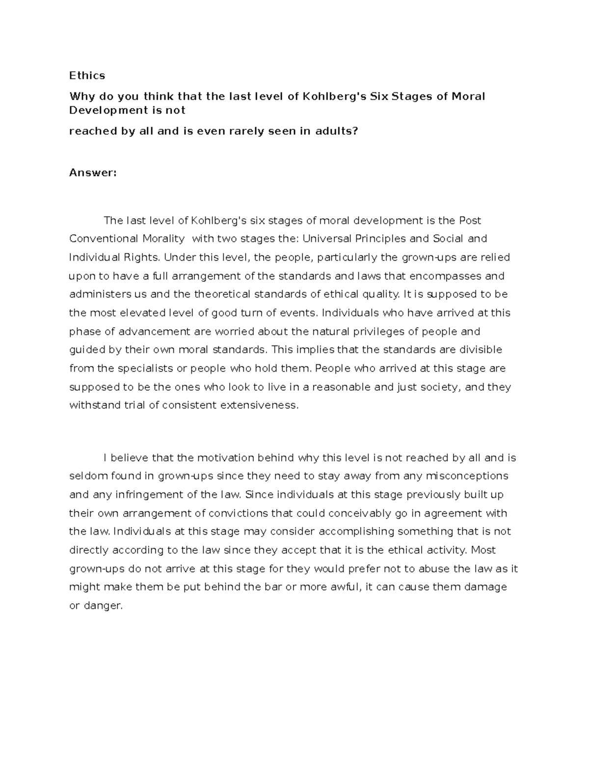 Assignment 2 Module#2 - Six Stages of Moral Development - Ethics Why do ...