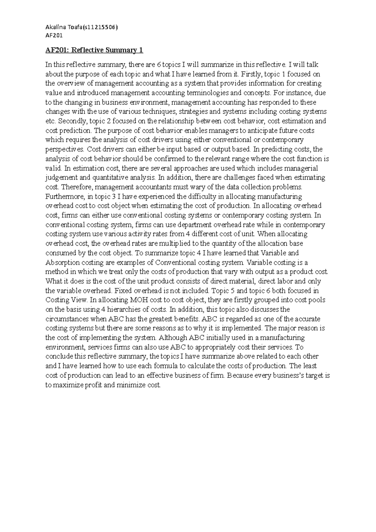 Reflective summary - I will talk about the purpose of each topic and ...