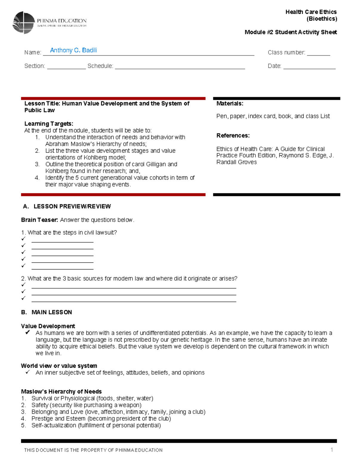Bioethics Session 2 SAS - (Bioethics) Module #2 Student Activity Sheet ...