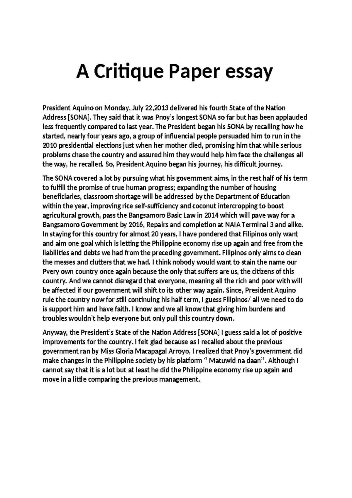A Critique Paper Essay - A Critique Paper essay President Aquino on ...