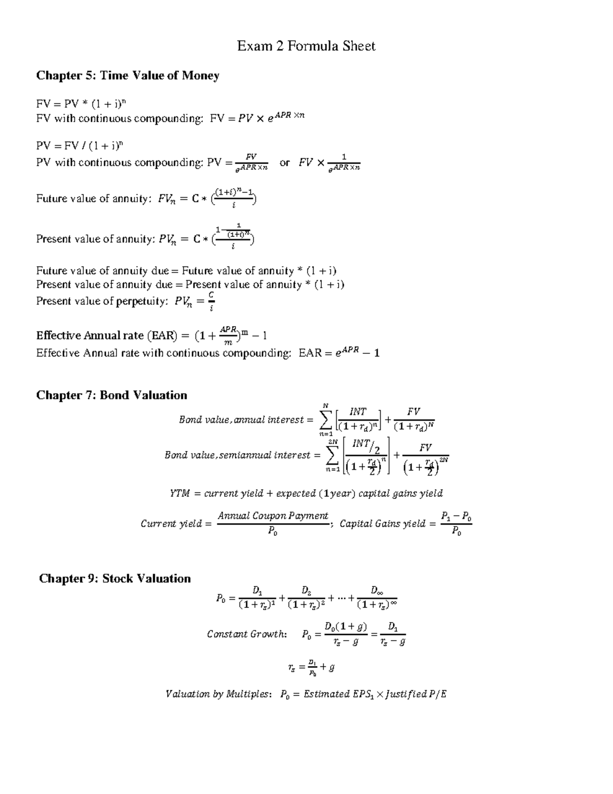 Exam 2 formulas - unman study guide exam 2 - Exam 2 Formula Sheet ...
