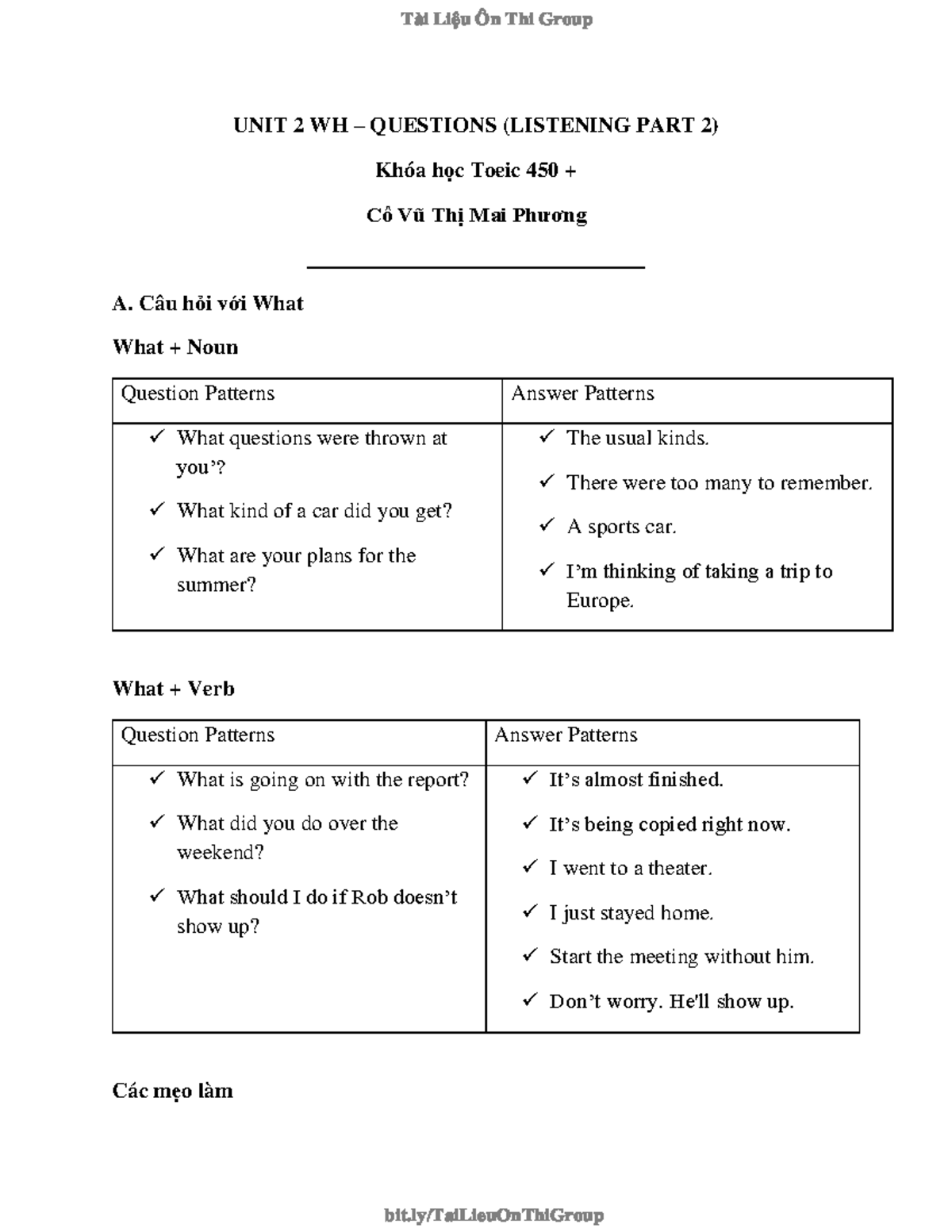 Unit 2 (Part 2) Wh - question - UNIT 2 WH – QUESTIONS (LISTENING PART 2 ...