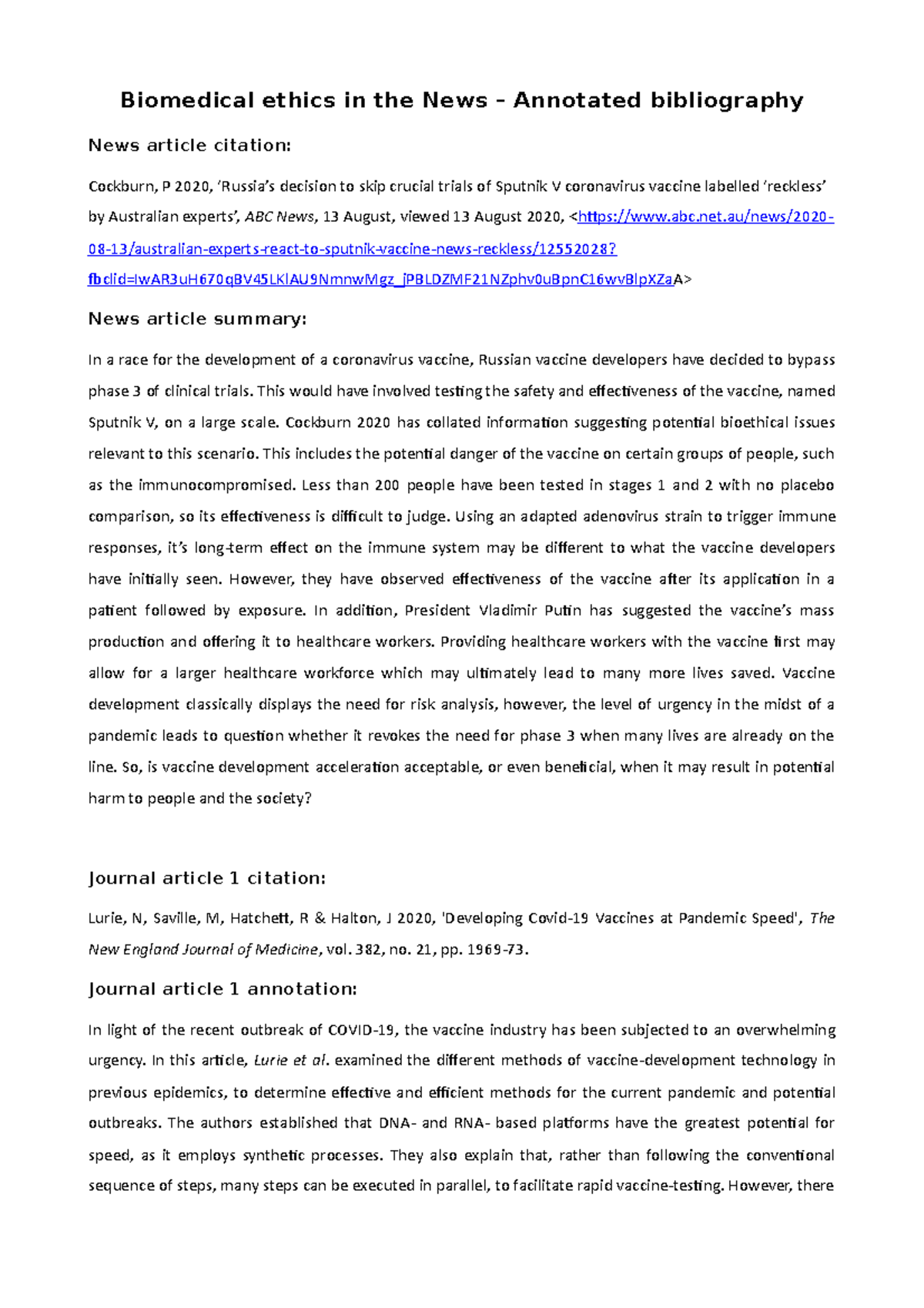 BIOM3200 Annotated Bibliography assignment - Biomedical ethics in the ...