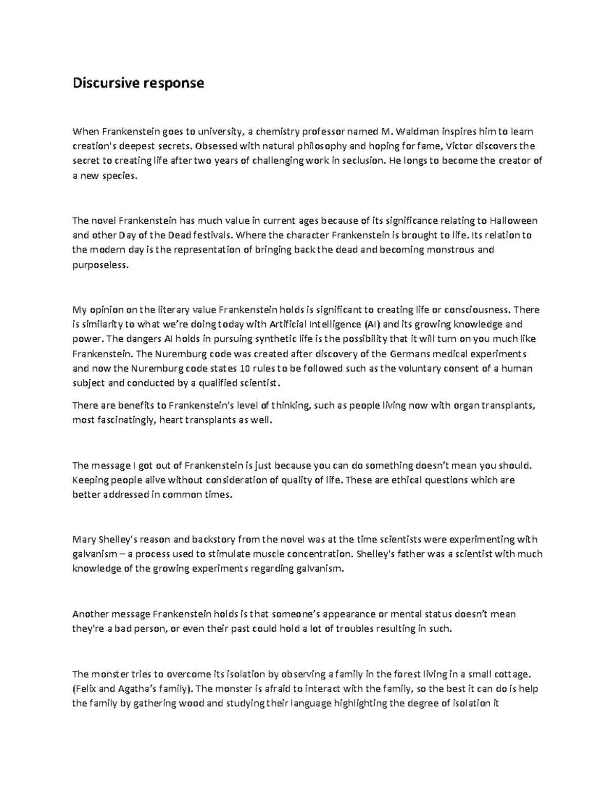 English literary task - Discursive response When Frankenstein goes to ...