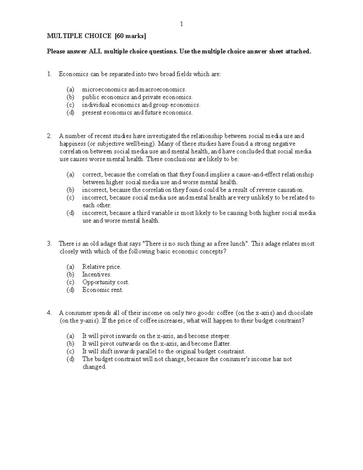 Test 1 Multi-choice Questions - MULTIPLE CHOICE [60 marks] Please ...
